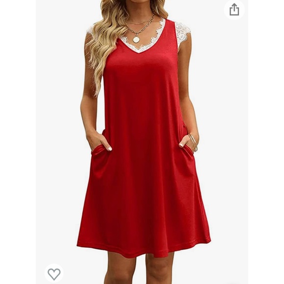 Dresses | Red Tunic Dress With Trim White Lace | Poshmark